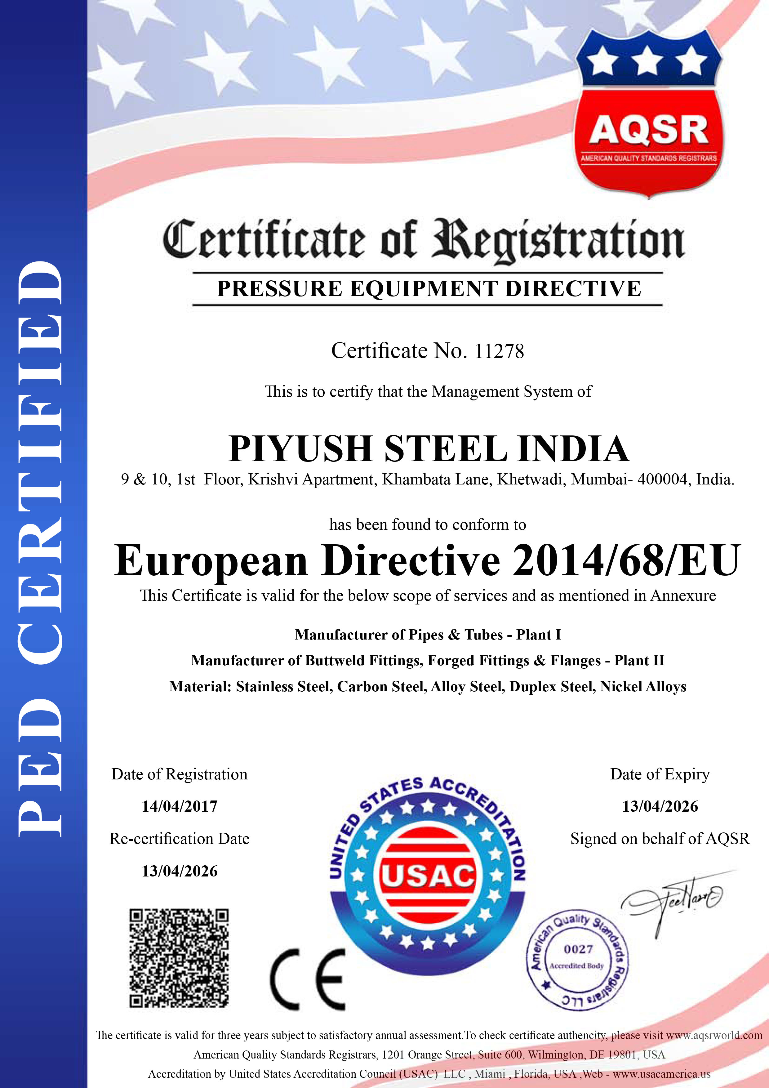 ISO and PED Certfication of Piyush Steel